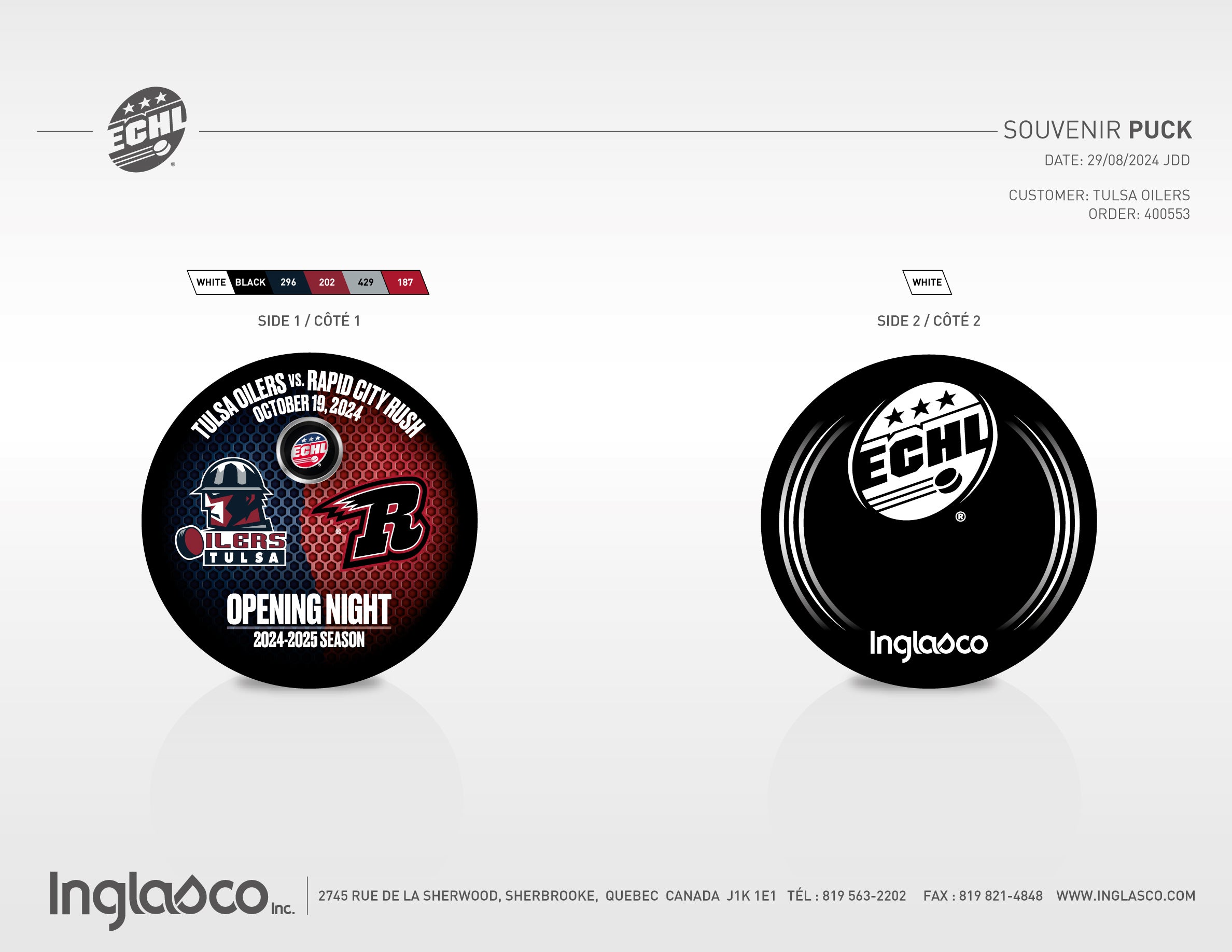 P - 24/25 Oilers Opening Night Puck | Tulsa Oilers Store